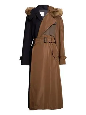 Sacai Mixed Media Trench Coat With Faux Fur Trim Hood - Camel/navy