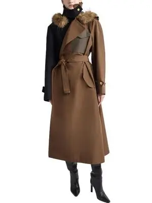 Sacai Mixed Media Trench Coat With Faux Fur Trim Hood - Camel/navy
