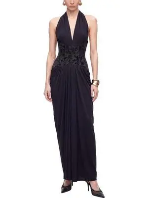 NOCTURNE Jacquard Halter Neck Maxi Dress - Black