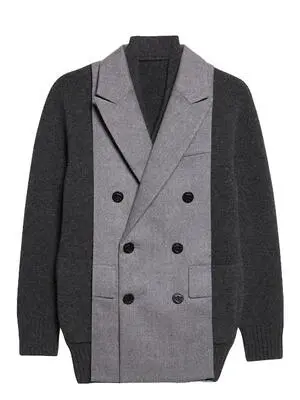 Sacai Mixed Media Flannel Panel Wool Blend Cardigan - Gray