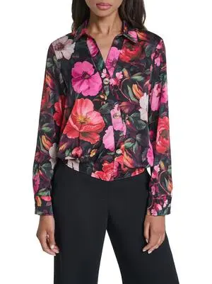 Karl Lagerfeld Paris Allover Print Long Sleeve Woven Shirt - Black Multi