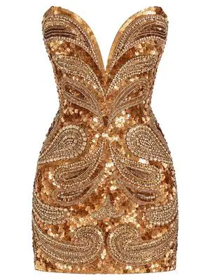 Retrofete Circe Embroidered Dress In Metallic Gold - Hazelnut