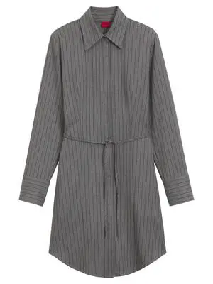 Hugo Belted Pinstripe Midi Shirtdress With Wide Cuffs - Patterned