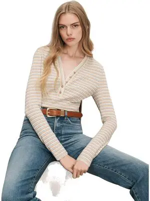 Veronica Beard Faelan Striped Henley Shirt Rust Multi