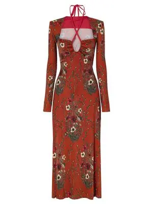 Johanna Ortiz Festive Performance Gathered Floral-print Stretch-jersey Midi Dress - Brick