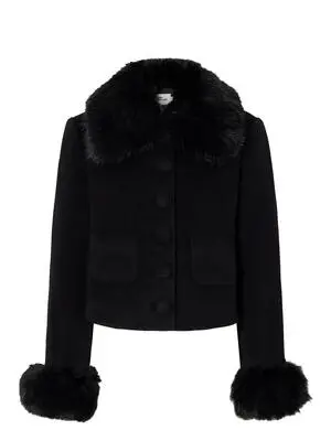 SELF-PORTRAIT Cropped Plush-trimmed Wool-blend Jacket - Black