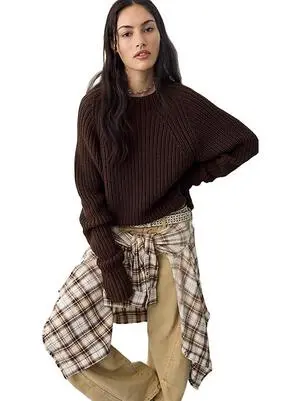 Free People Low Tide Crew Neck Knit Pullover - Chocolate