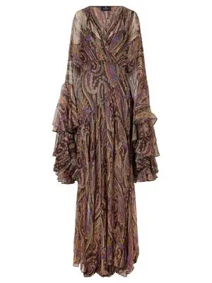 Etro Draped Ruffled Printed Metallic Silk-blend Crepon Maxi Dress - Multi
