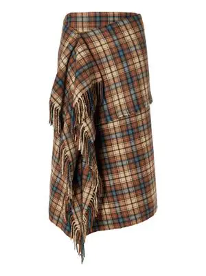 Auralee Asymmetric Fringed Checked Cashmere Wrap Midi Skirt - Multi