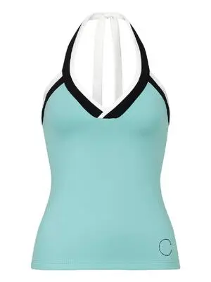 CONQUISTA Colorblock Halter Neck Top In Micromodal Jersey With Rhinestone Detail - Blue