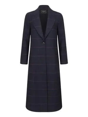 TRIONA Navy & Pink Windowpane Shannon Classic Full Length Wool Coat - Blue