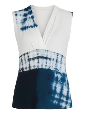 CONQUISTA Contemporary Tie-dye Sleeveless Wrap Top - Blue/white