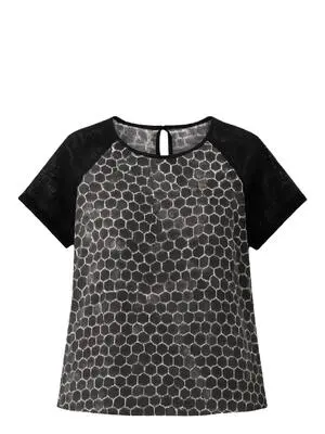 CONQUISTA Black & Grey Geometric Print Top With Contrast Sleeves