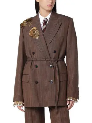 Dries Van Noten Pinstripe Jacket With Sequin Embroidery - Brown