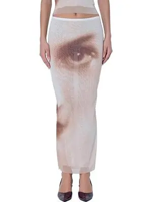 JEAN PAUL GAULTIER Mesh Printed Face Long Skirt - Cream