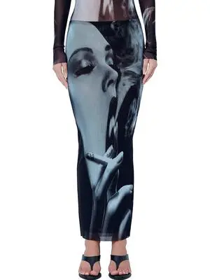 JEAN PAUL GAULTIER Mesh Printed Smoking Long Skirt - Black