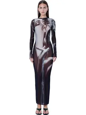 JEAN PAUL GAULTIER Mesh Printed Smoking Long Dress - Black