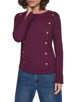 Karl Lagerfeld Paris Button Embellished Long Sleeve Knit Top - Cherry Lacquer