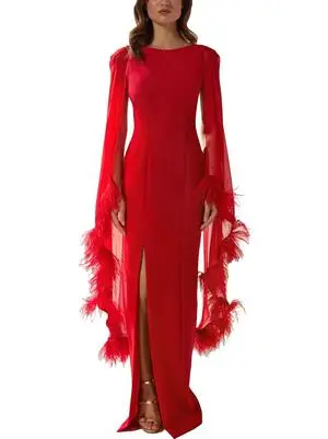 SILK LOVE & LACE Ginger Feather-trimmed Gown - Red