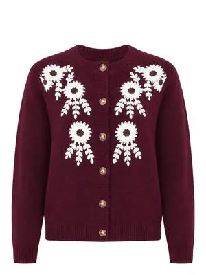 YUMI Burgundy Floral Embroidered Cardigan - Red
