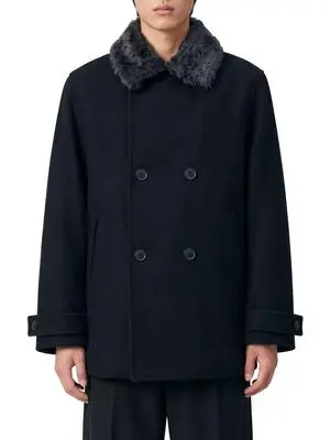 Our Legacy Double-breasted Short Coat In Wool With Fur Collar - Black