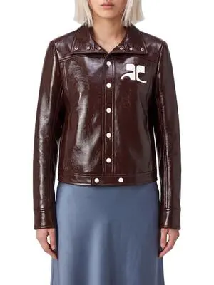 COURREGES Cropped Coated Cotton Patent-effect Jacket With Logo