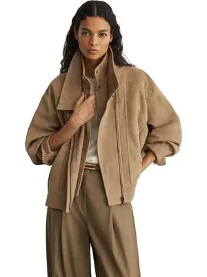 REISS Noa Petite Suede Double-layer Relaxed-fit Jacket - Neutral