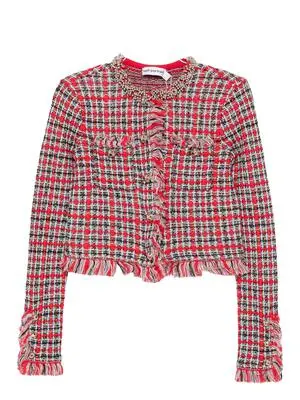 SELF-PORTRAIT Self-portrait Fringed Tweed Cropped Jacket With Jewel Trim
