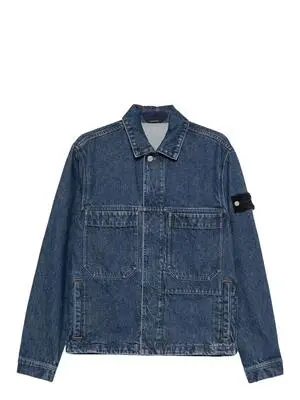 Stone Island Patch Chest Pockets Denim Jacket With Concealed Snap, Vertical Welt Hand Pockets & Cuff Buttons - Blu