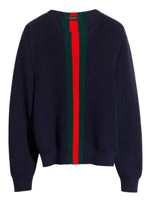 Gucci Web Detail Crewneck Sweater With Long Sleeves And Rib Trim - Blu