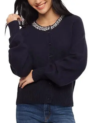 Karen Kane Embellished Crewneck Cardigan Sweater - Navy