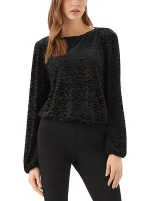 Karen Kane Petite Velvet Burnout Boat Neck Blouson Sleeve Top - Black