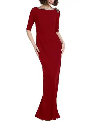 EMILY SHALANT Stretch Crepe Elbow Sleeve Embellished Gown - Red