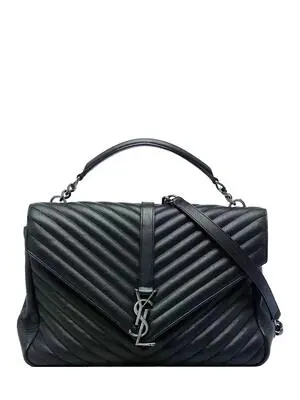 Saint Laurent 2016 Large Chevron Sheepskin Monogram College Satchel - Black