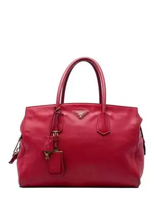 Prada 2000-2013 Vitello Daino Zip Top Convertible Tote Satchel - Red