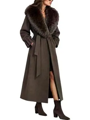 POCHE PARIS Faux-fur Collar Belted Coat - Brown