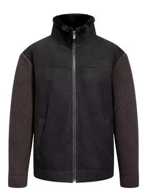 POCHE PARIS Knit-sleeve Faux-fur Collar Jacket - Black