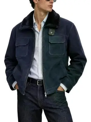 POCHE PARIS Shearling-collar Suede Jacket - Blue