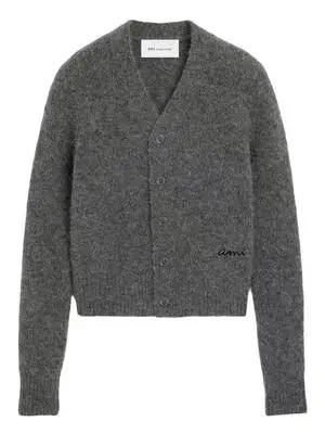 AMI Paris Wool And Alpaca Cardigan With Ami Embroidery Grey