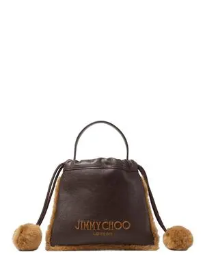 JIMMY CHOO Leather Shearling-trim Drawstring Pouch - Brown