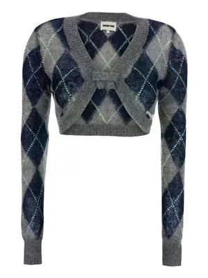 SHUSHU/TONG Argyle-check Cropped Cardigan - Grey