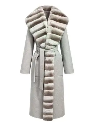 POCHE PARIS Fur-trim Belted Coat - Grey
