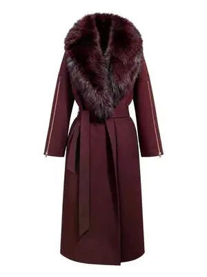 POCHE PARIS Faux-fur Trim Belted Coat - Red