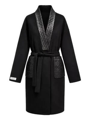 POCHE PARIS Woven-trim Belted Coat - Black