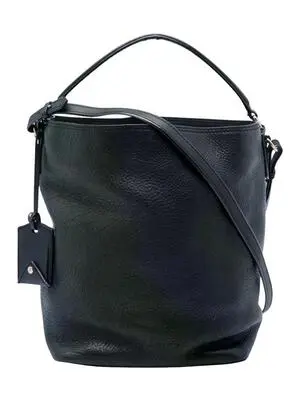 Burberry 2000-2017 Medium Grained Calfskin And Mega Check Canvas Ashby Bucket Bag Satchel - Black
