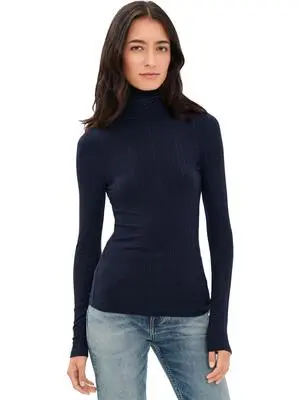 JAMIE HALLER The Variegated Rib Turtleneck Tee - Navy