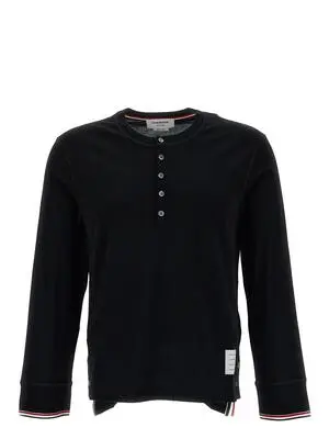 Thom Browne Maglia Henley Girocollo In Misto Lana E Costine - Nero