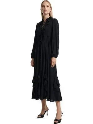 EXQUISE Long Sleeve Drawstring Waist Tiered Midi Dress - Black