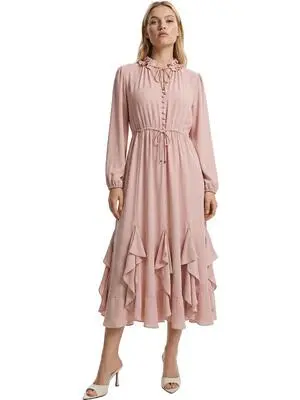 EXQUISE Long Sleeve Drawstring Waist Tiered Midi Dress - Powder