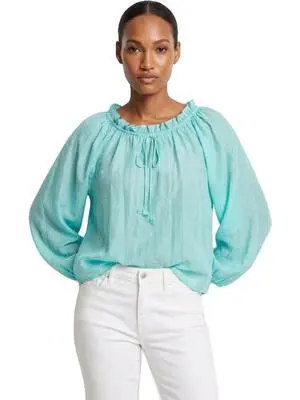 EXQUISE Long Sleeve Decorative Tie Neck Regular Blouse - Turquoise
